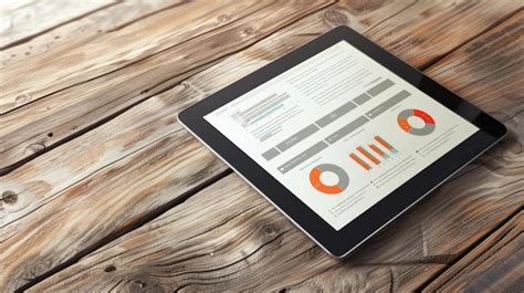 Tablet Displaying Colorful Analytical Charts And Graphs On Wooden
