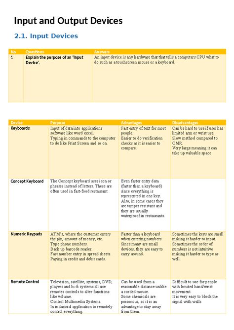 2 Input And Output Devices Input Devices No Questions Answers 1 Explain The Purpose Of An