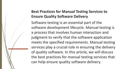 PPT Best Practices For Manual Testing Services To Ensure Quality Software Delivery PowerPoint