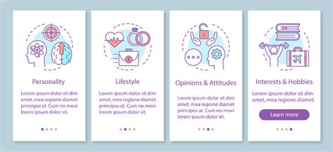 선형 개념으로 모바일 앱 페이지 화면 온보딩을 대상으로 하는 심리학 성격 라이프 스타일 연습 단계 그래픽 지침 Ux Ui 그림이 있는 Gui 벡터 템플릿 개념에 대한 스톡