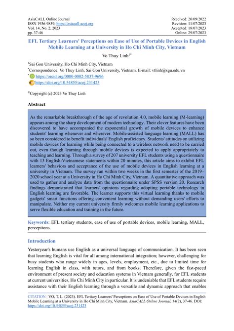 Pdf Efl Tertiary Learners Perceptions On Ease Of Use Of Portable Devices In English Mobile