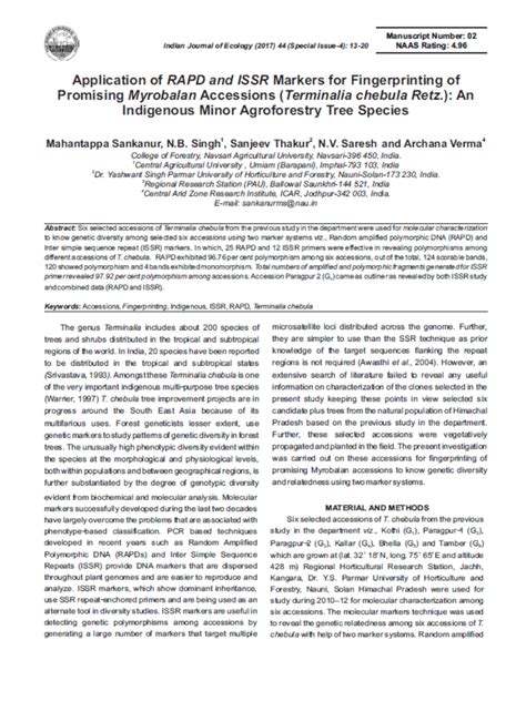 Pdf Application Of Rapd And Issr Markers For Fingerprinting Of Promising Myrobalan Accessions