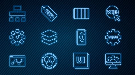 세트 라인 웹 개발 Ui 또는 Ux 디자인 컬러 팔레트 가이드 레이어 웹 사이트 통계 사이트 맵 및 Seo 최적화 아이콘을 설정합니다 벡터 Brand Name Smart