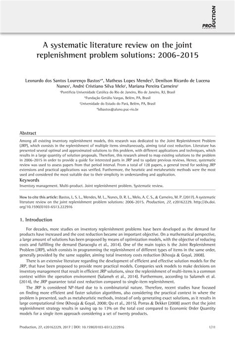 Pdf A Systematic Literature Review On The Joint Replenishment Problem Solutions 2006 2015