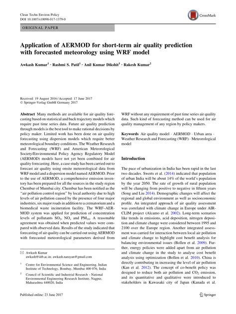 Pdf Application Of Aermod For Short Term Air Quality Prediction With Forecasted Meteorology