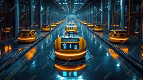 A Line Of Autonomous Robots Or Automated Guided Vehicles Agvs Move