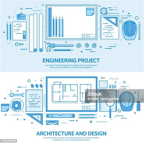 엔지니어링 및 아키텍처 드로잉 시공 건축 프로젝트 디자인 스케치 도구가 있는 작업 공간 계획 건물 플랫 블루 윤곽선 배경입니다 라인 아트 벡터 일러스트레이션 디자인에 대한