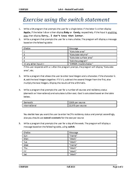 Lab04 Switch Lab Comp100 Lab 4 Nested If And Switch Exercise Using The Switch Statement 1
