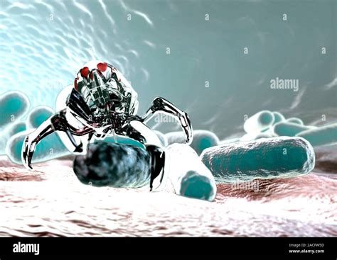 Medical Nanorobot Computer Artwork Of A Nanorobot With Rod Shaped Bacteria Nanotechnology Is