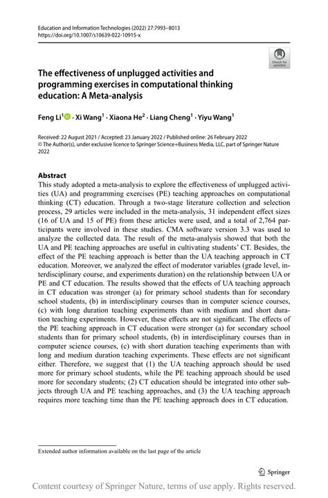 the effectiveness of unplugged activities and programming exercises in