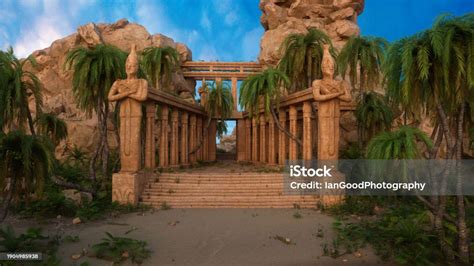 거대한 석상과 기둥 사이로 이어지는 계단이 있는 판타지 고대 이집트 유적 3d 일러스트레이션 0명에 대한 스톡 사진 및 기타 이미지 Istock