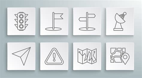 세트 라인 종이 비행기 깃발 삼각형의 느낌표 위치 마커가 있는 접힌 지도 도로 교통 표지판 레이더 및 신호등 아이콘 벡터 거리에 대한 스톡 벡터 아트 및 기타 이미지