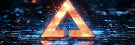 triangle glowing orange binary code in network digital circuit board