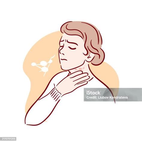 림프절염 림프절이 부어올랐다 한 여성이 아픈 목에 손을 얹고 있다 자극 통증 인플루엔자 백혈병 톡소플라즈마증의 증상 의료 브로셔 템플릿입니다 벡터 일러스트 레이 션 개념에