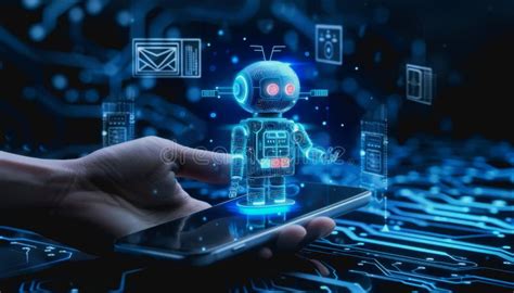 Hand Presenting Smartphone With Illuminated Ai Chatbot Interface And Digital Circuit Board Stock
