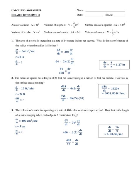 Fillable Online Related Rates Worksheet Fax Email Print Pdffiller