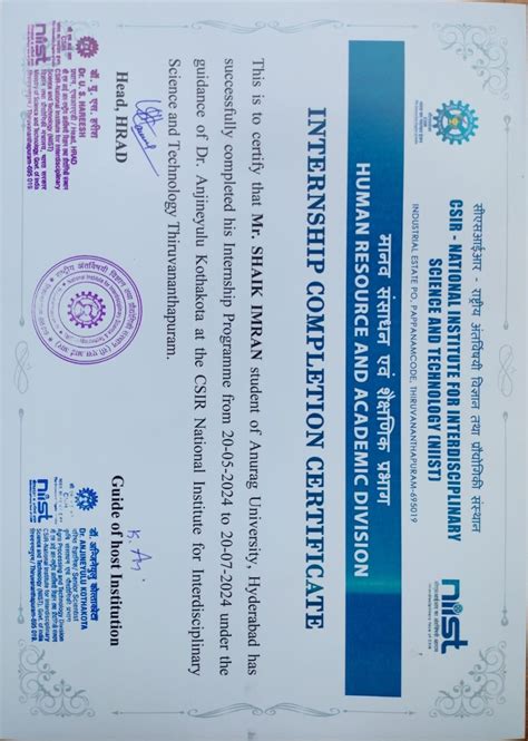 Imran Shaik On Linkedin Internship Internshiptrainee Csirniist Research Science Grateful