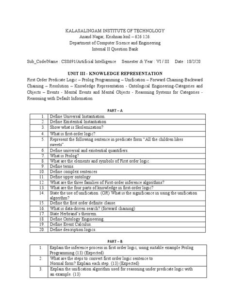 unit iii knowledge representation part a pdf first order logic knowledge
