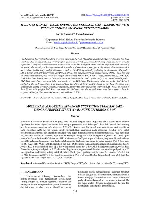 Pdf Modification Advanced Encryption Standard Aes Algorithm With Perfect Strict Avalanche