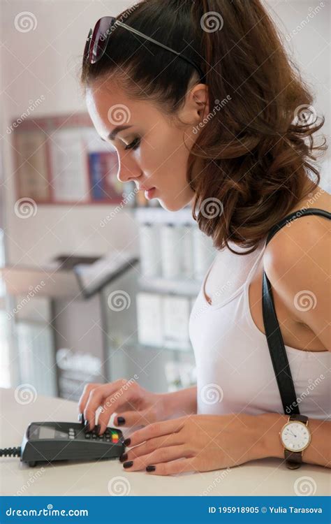 Young Girl Using Payment Terminal Keypad In Shop Or Supermarket Stock Image Image Of Debit