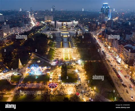 Drone View At Slow Shutter Speed At Lights Of The Sofia Christmas Festival In Front Of The