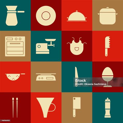 세트 후추 스탠드에 닭고기 달걀 빵 칼 음식 쟁반으로 덮여 주방 고기 분쇄기 오븐 커피 터크 및 앞치마 아이콘 벡터 가리기에 대한 스톡 벡터 아트 및 기타 이미지 Istock