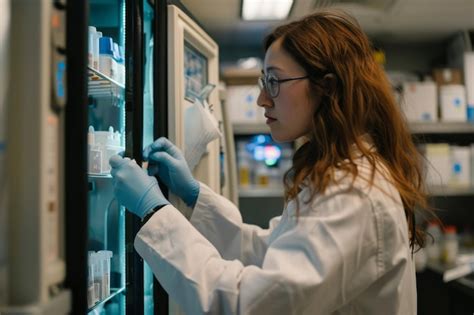 A Lab Assistant Organizing Samples In A Refrigerator Ai Generated