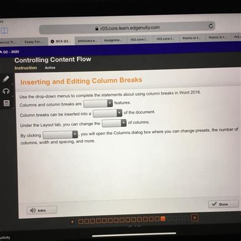 use the drop-down menus to complete the statements about using column breaks in word 2016 ...