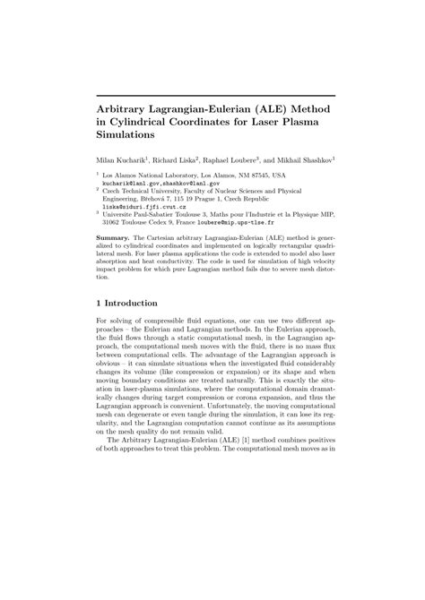 PDF Arbitrary Lagrangian Eulerian ALE Methods In Plasma Physics