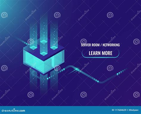 Isometric Cryptocurrency And Blockchain Concept Banner Processing Of Big Data Server Room