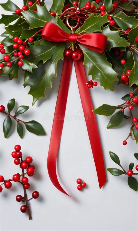A Red Ribbon And Holly Wreath With Red Berries Generative Ai Stock