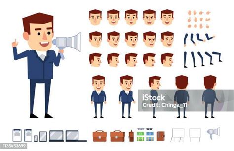 블루 슈트 제작 키트에 사업가 캐릭터 자신의 포즈 액션 애니메이션을 만듭니다 다양 한 포즈 몸짓 감정 디자인 요소 감정에 대한