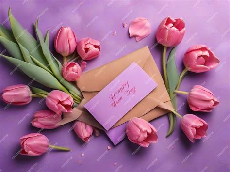 Premium Photo Top View Emty Card Mockup With Pink Tulips Flowers In