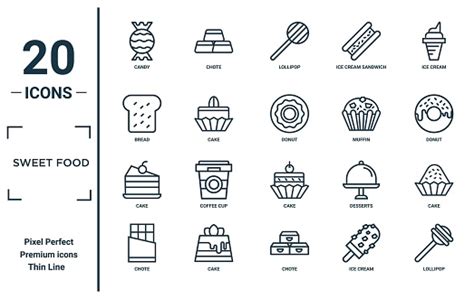 달콤한 음식 선형 아이콘 세트입니다 얇은 선 사탕 빵 케이크 Chote 롤리팝 도넛 보고서 프리젠 테이션 다이어그램 웹 디자인을위한 케이크 아이콘을 포함합니다 0명에 대한