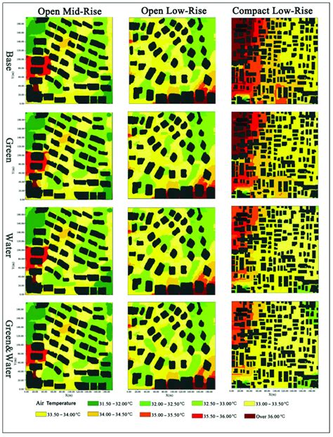 a 1 5 m surface temperature map of each mode at noon in summer 14 00 h