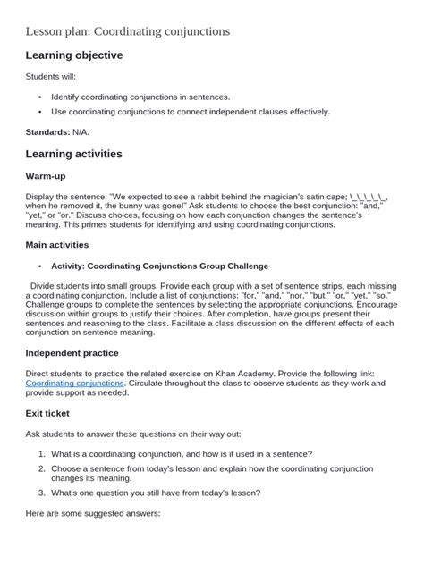 Lesson Plan Coordinating Conjunctions Pdf Sentence Linguistics