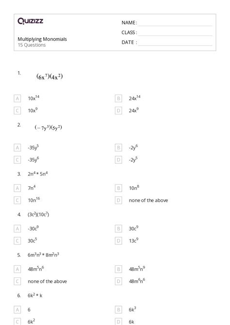 50 Monomials Operations Worksheets On Quizizz Free And Printable