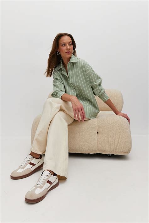 Рубашка Женский белый зеленый Длинный Хлопок Полоска размер 44 46 Пуговицы Китай рост 164