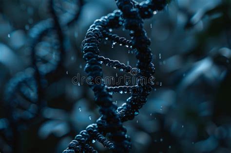 Dark Abstract Dna Helix In Blue Hues Surrounded By Droplets Deep And Mysterious Representation