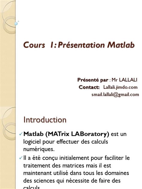 Cours1 Presentation Matlab Pdf Matlab Programme Informatique