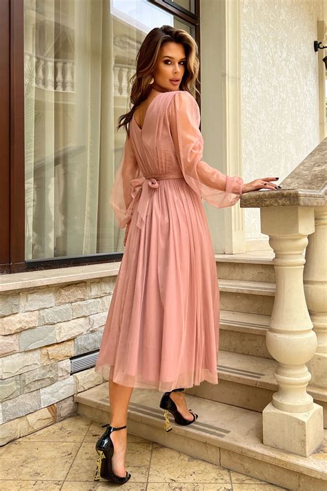 Elegancka Sukienka Midi Z BrokatowĄ SiatkĄ Nude Nude Odzież Sukienki Sukienki Okazjonalne