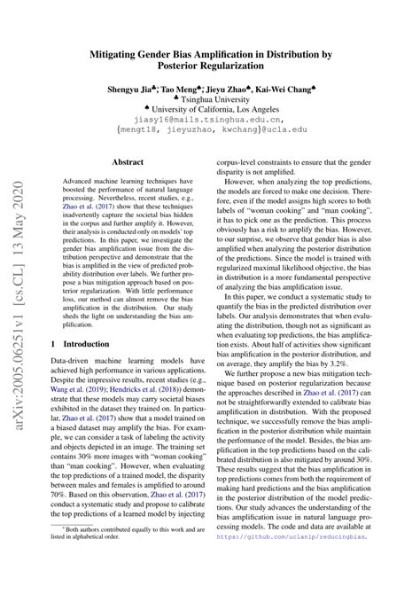 Pdf Mitigating Gender Bias Amplification In Distribution By Posterior Regularization