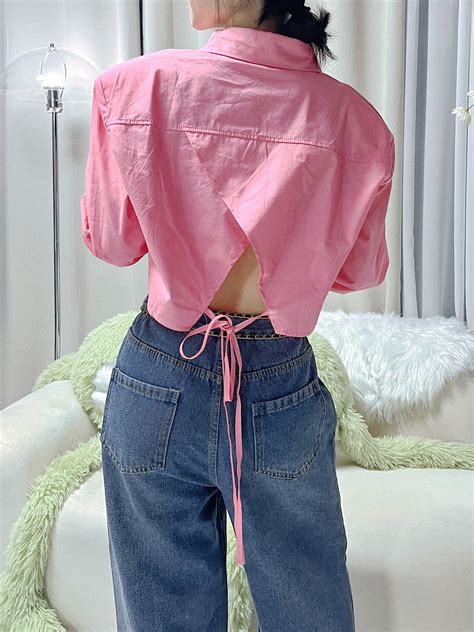 벨르비 가을 신상 얼굴소멸 Fw 뒷트임 뒷리본 백리본 백트임 크롭 숏 카라 셔츠 남방 오버핏 어깨패드 스트랩 핑크 화이트 데일리 캐주얼 유니크 에이블리