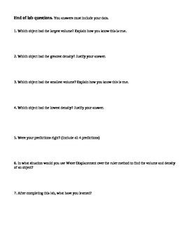 Density Water Displacement Lab By Oliverio Sicence TpT