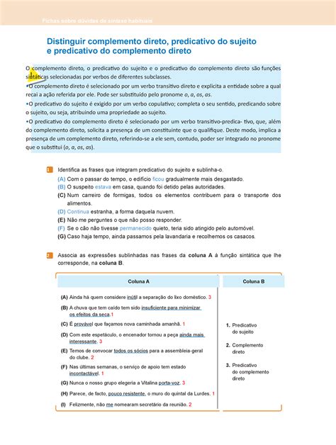 Ficha Português 4 Ns Distinguir Complemento Direto Predicativo