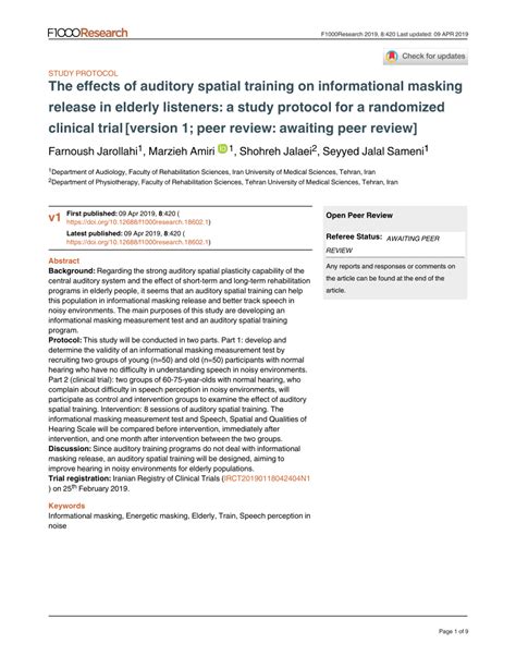 Pdf The Effects Of Auditory Spatial Training On Informational Masking Release In Elderly
