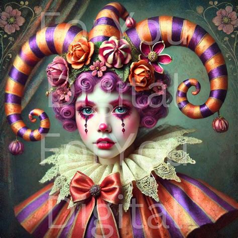 Whimsical Jester Girl Portrait Fantasy Clown Digital Art Print For