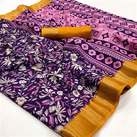 Purple Floral Printed Dola Silk Saree With Woven Border