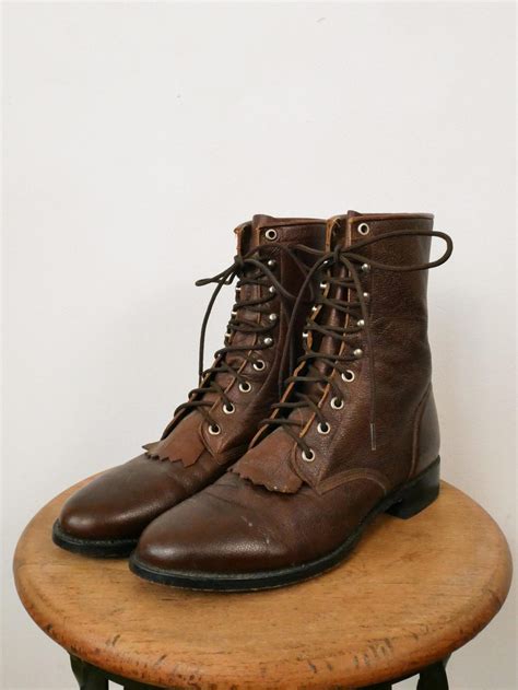 Vintage Justin Brown Leather Lace Up Roper Bootsus Mens 85d Etsy