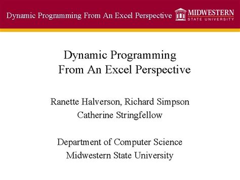 Dynamic Programming From An Excel Perspective Dynamic Programming